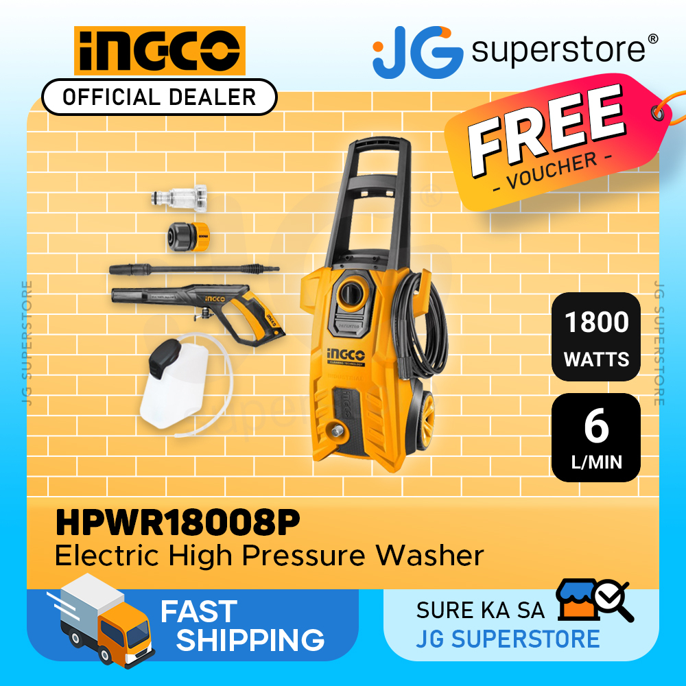 INGCO 1800W Electric High Power Pressure Washer Cleaner w/ Auto Stop System, 5m Hose ...