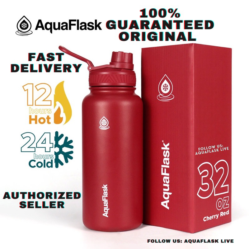 Aquaflask (32oz) CHERRY RED Wide Mouth Vacuum Insulated Drinking Water ...