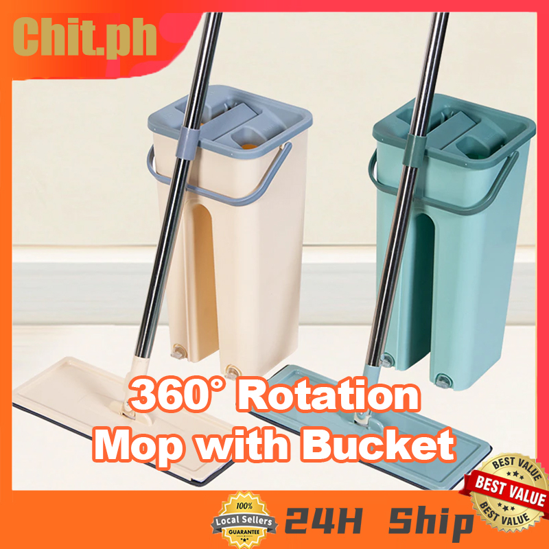 CHIT Flat Squeeze Mop with Bucket 360° Rotating Self Wash Floor Mop ...