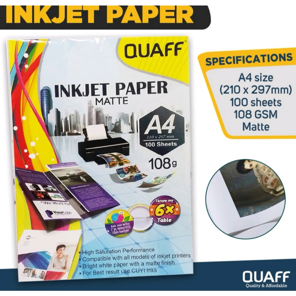 108gsm Matte Inkjet Paper A4 Size QUAFF & MERRY (100sheets/pack ...