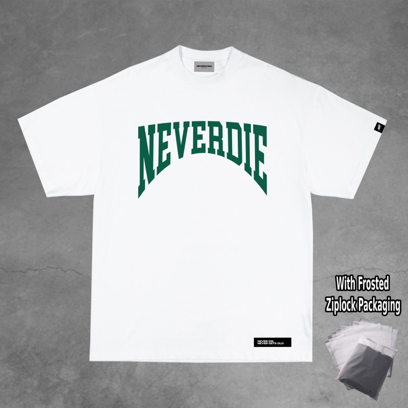 NEVERDIE Varsity Arc tee White Green Oversized Tee Premium cotton Pro Club inspired for men and ...