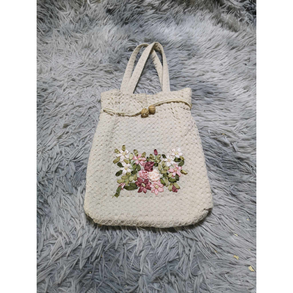 White Flower Embellishment Drawstring Bucket Tote Bag | Shopee Philippines