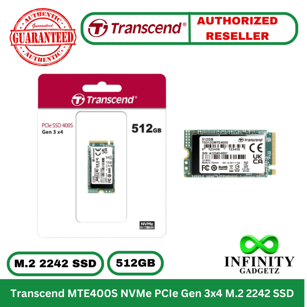 Transcend MTE400S 512GB NVMe PCIe Gen 3x4 M.2 2242 SSD 400S 2000MB/s R 900MB/s Wr Solid State ...