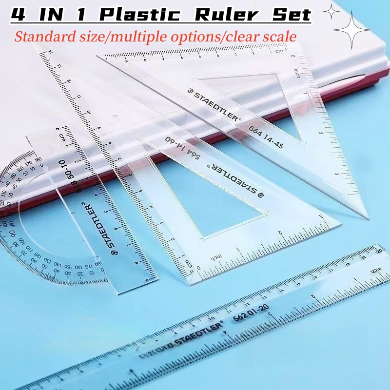 4 in 1 Transparent Plastic Ruler Set 30cm Ruler Combo Math Measurement ...