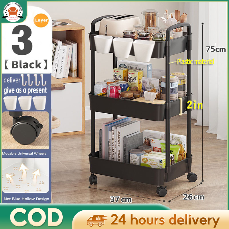 Family Trolley Cart Organizer 3-Tier Plastic Utility Cart with Handle ...