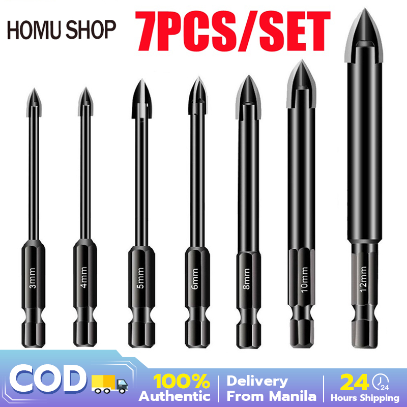 7pcs Glass Concrete Drill Bit Set 3-12mm Cross Hex Tile Ceramic Drill ...