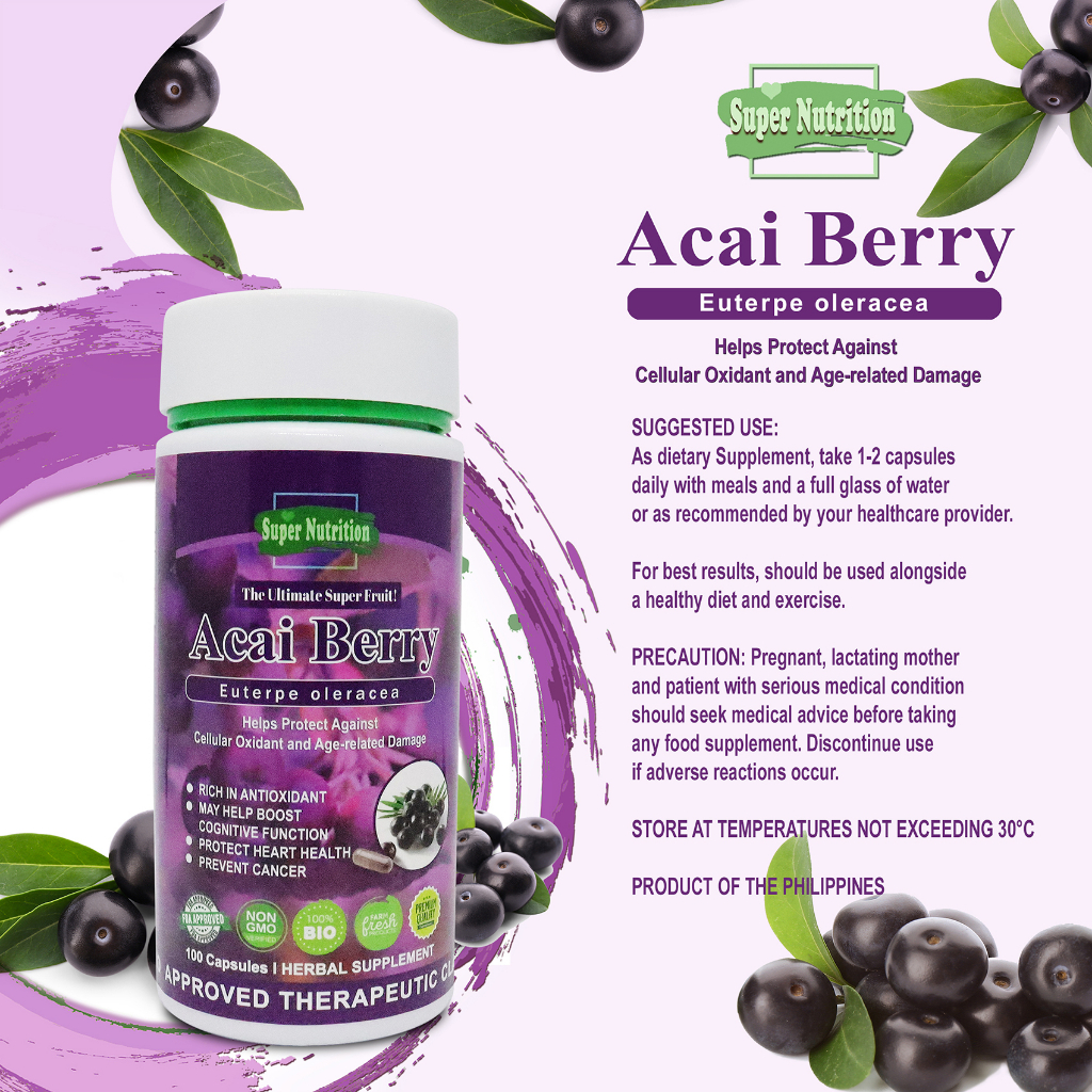 Acai Berry Herbal Supplement 100 Capsules x 500mg Bottle | Shopee ...
