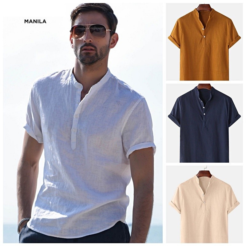 Prime Men's V-neck Shirt Cotton Plain POLO Men's Short Sleeve Chinese Collar Polo Shirt Top ...