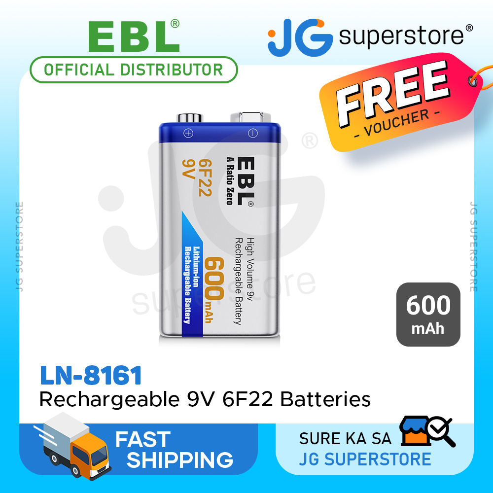 EBL LN-8161 9V 6F22 600mAh High Volume Li-ion Rechargeable Batteries w ...