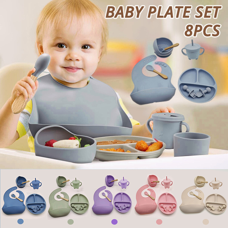 Baby Feeding Set 3/6/8pcs Silicone Baby Plate Set Infant Silicon Bib ...