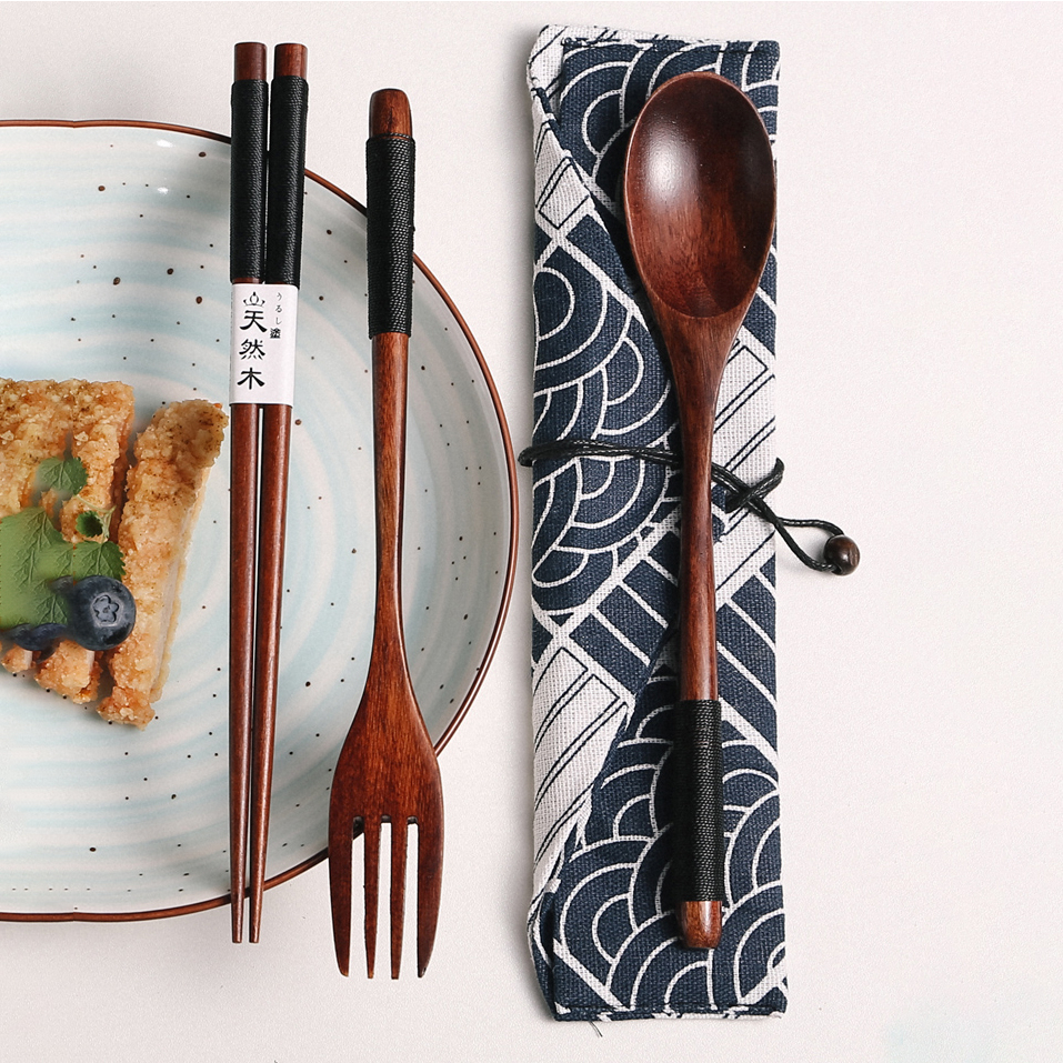 Wooden Utensil Set Spoons Forks Chopsticks with Pouch Reusable Japanese ...