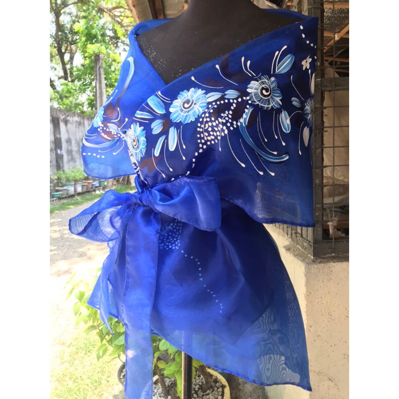 Millys Modern filipiniana Royal blue panuelo alampay /hand paint ...