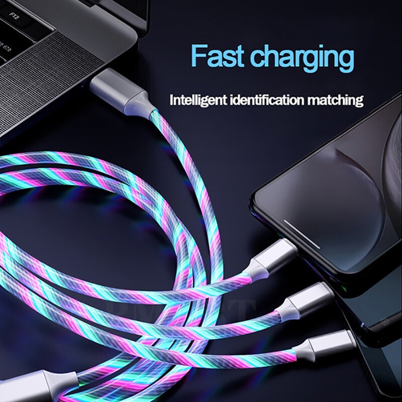3 in 1 Fast Charger Flowing Colors LED Glow USB Charging Cable for Type ...