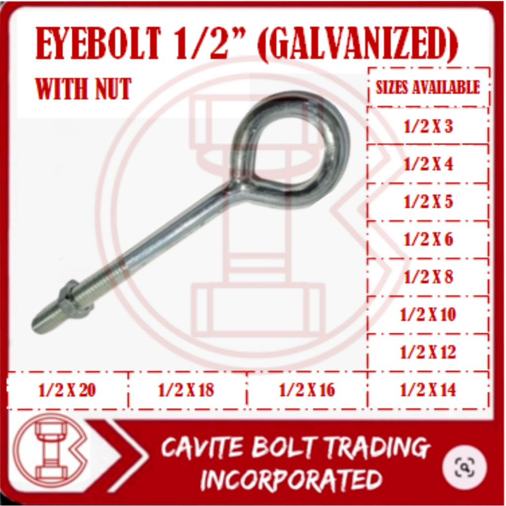 EYE BOLT 1/2" (GALVANIZED) W/ NUT 1 PC | Shopee Philippines