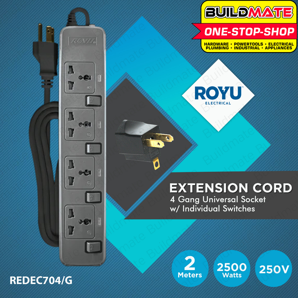 Buildmate x ROYU 4 GANG Extension Cord w/ Individual Switches Universal ...
