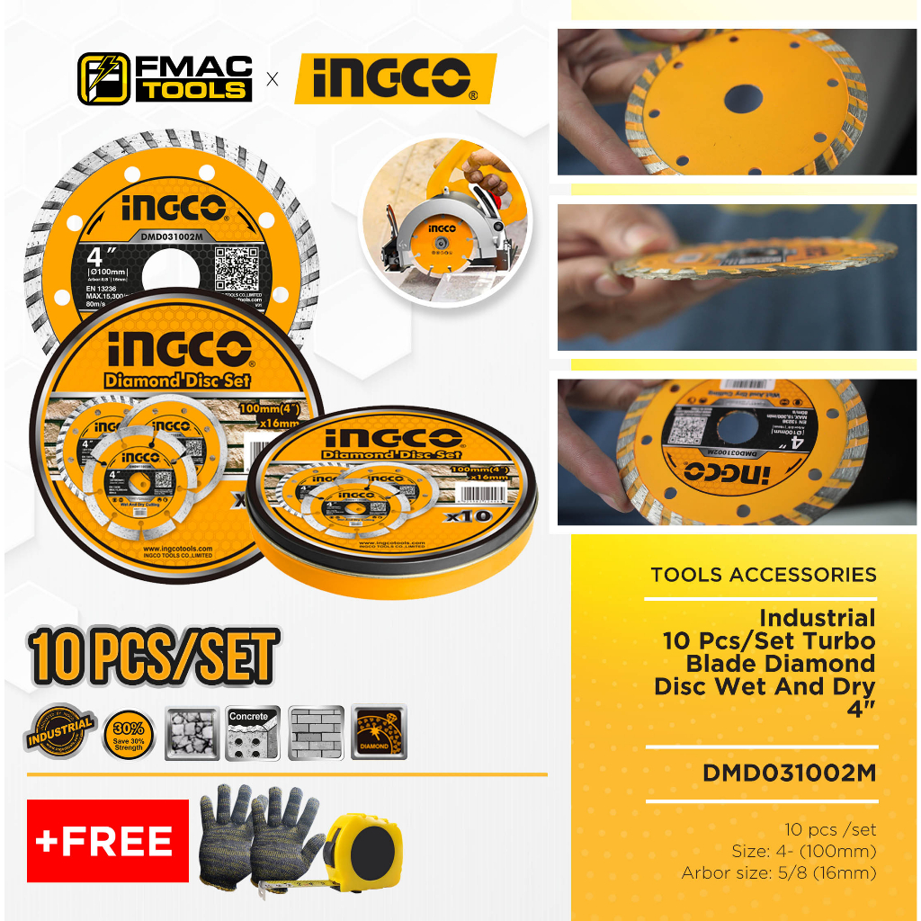 INGCO Industrial 10 Pcs/Set Turbo Blade Diamond Disc Wet And Dry 4 ...