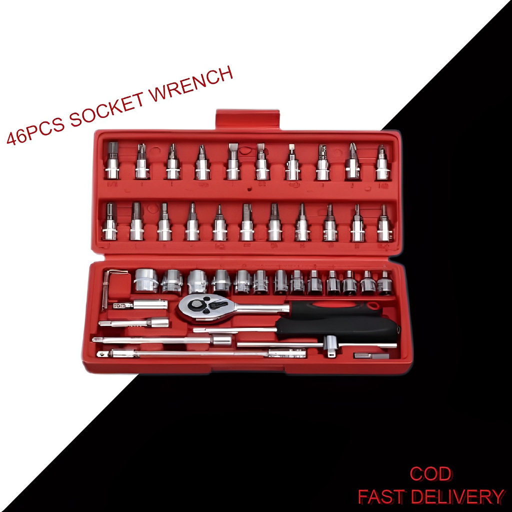 46PCS Emergency Socket Wrench Tool Kit Portable DIY Hardware Hand Tools Set Kit With Plastic Box ...