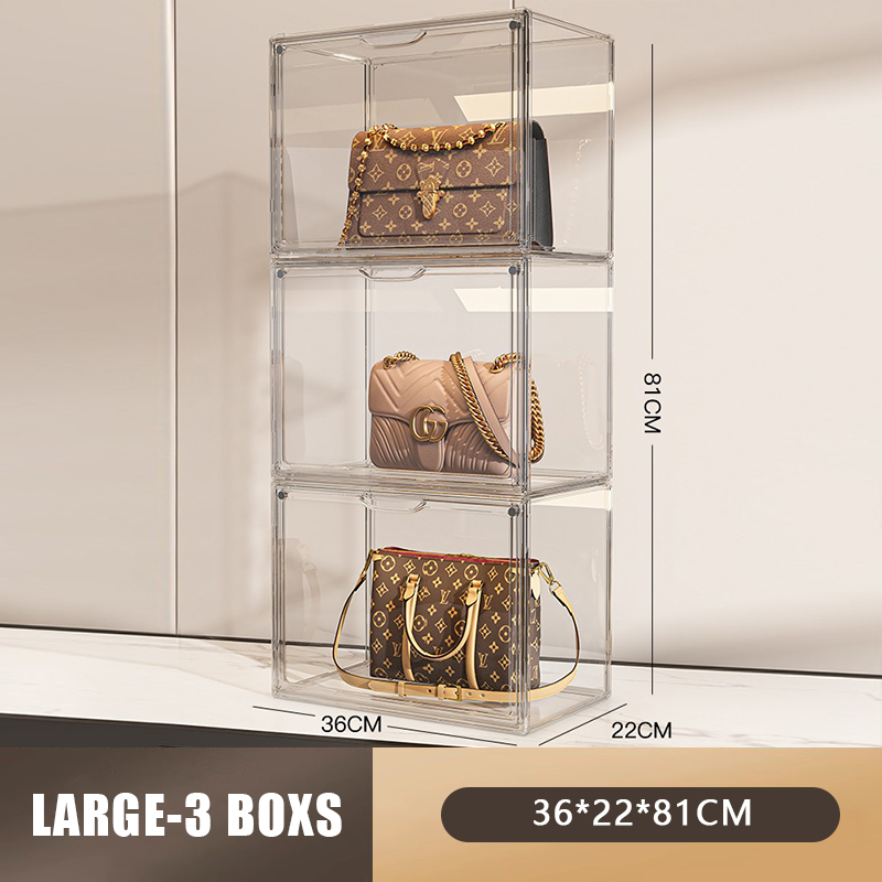 UUOO Stackable Acrylic Bag Organizer Case & Display Box Side Drop ...