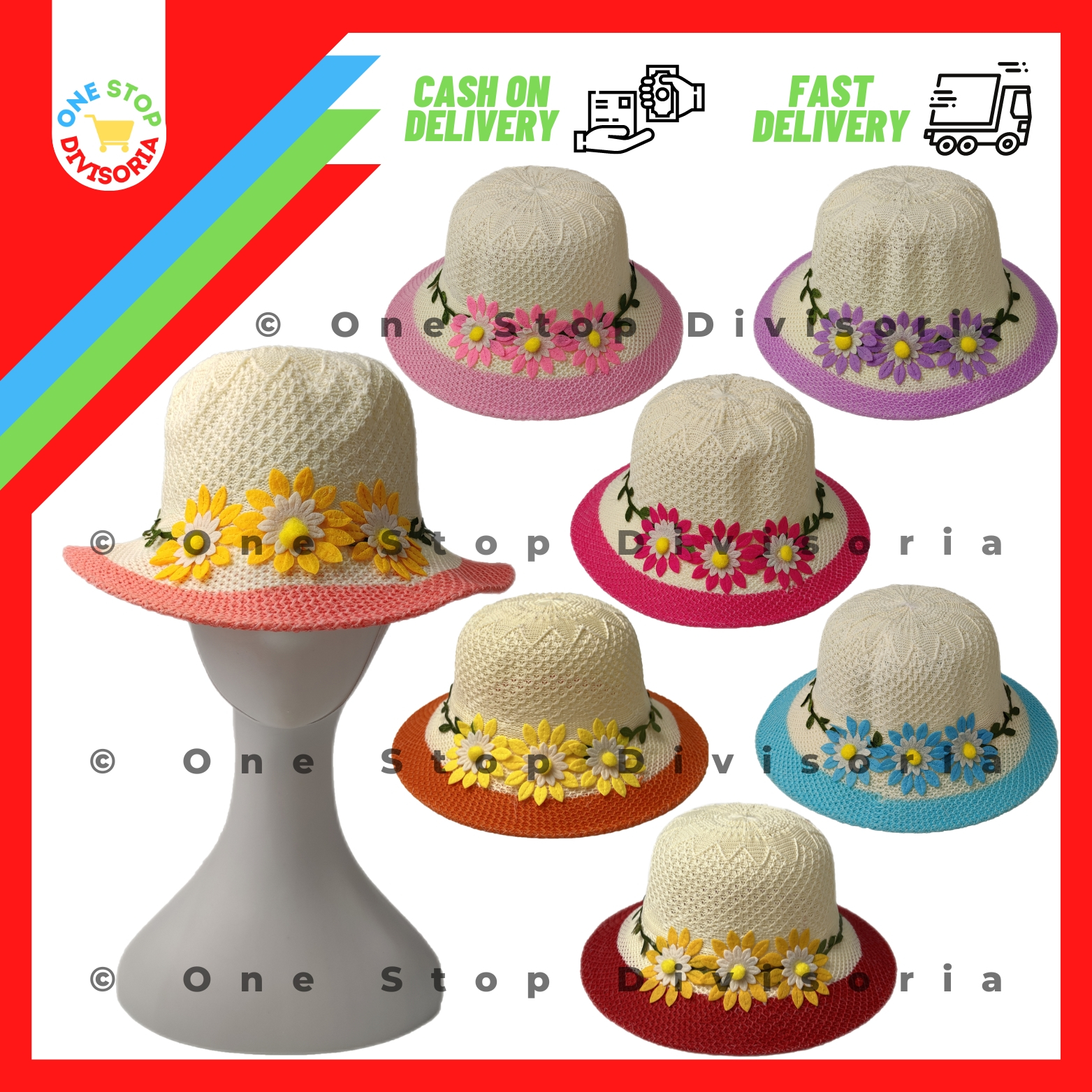 [Kids] Sun UV Protection Summer Beach Wide Brim Straw Daisy Hat with 3 ...