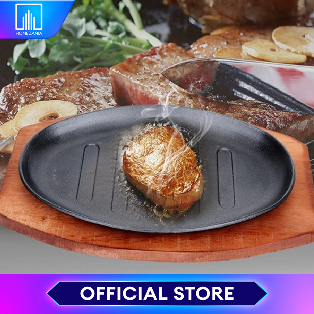 Home Zania Cast Iron Oval Sizzling Plate with Wood Base Steak Grill ...