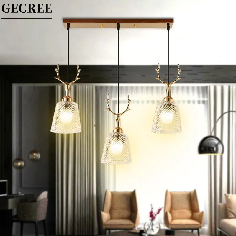 Gecree Nordic Chandelier LED Restaurant Bar Glass Modern Golden Deer ...