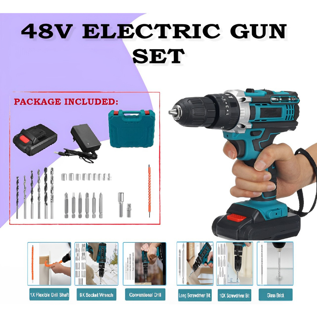 Heavy Duty Rechargeable Cordless Electric Hand Drill Gun Set With 48V Lithium Battery And Case ...