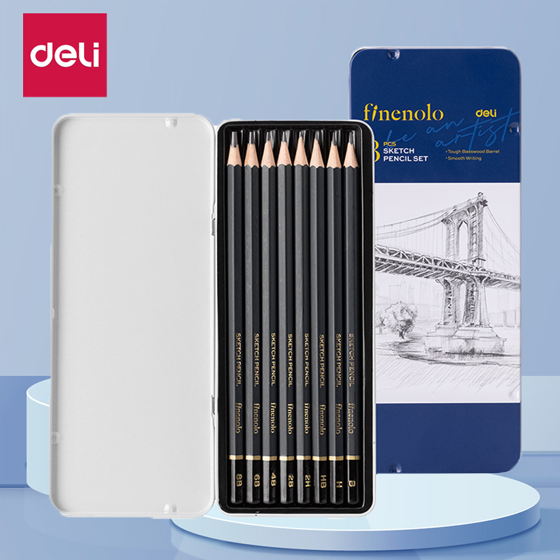 Deli 8 Pcs/Box Pencil Set Drawing Iron Box Sketch Pencil Set 2H H HB B ...