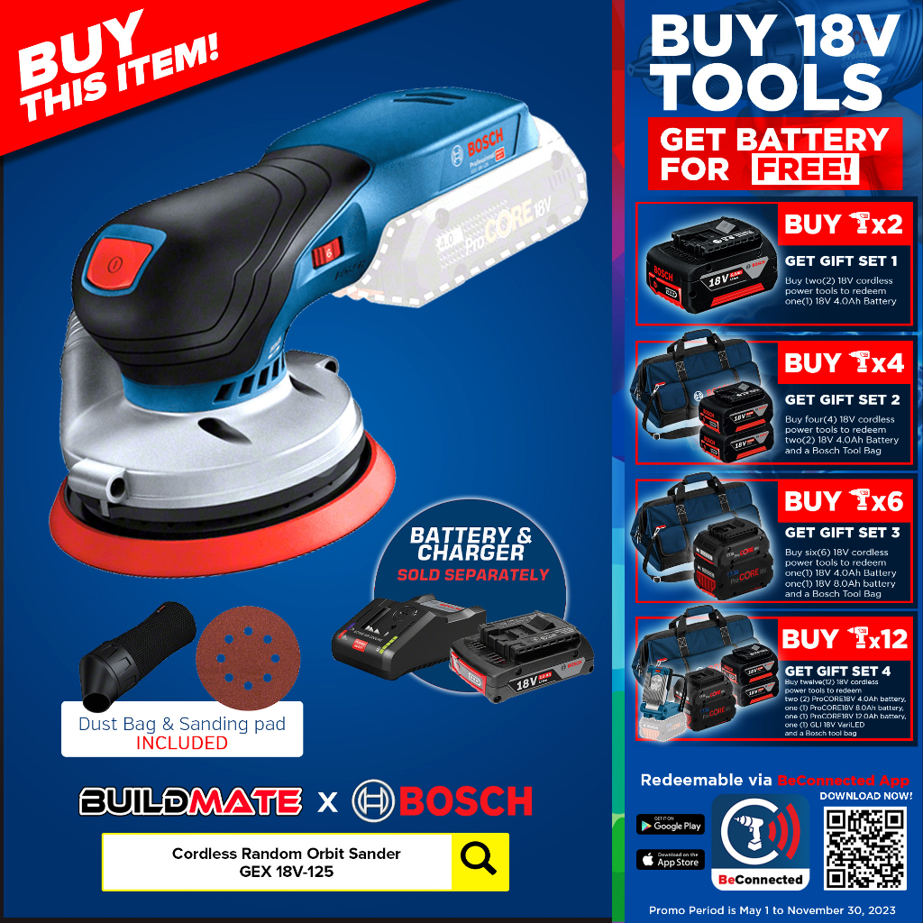BUILDMATE Bosch Cordless Random Orbital Sander Wood 18V 125mm Wood Sander GEX18V-125 0601372201 ...