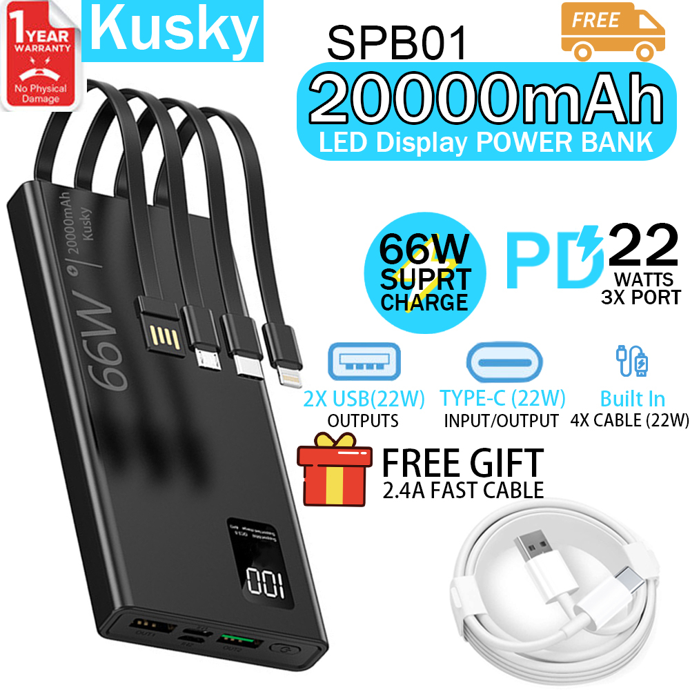 Kusky SPB01 20000mAh 66W Fast charging Powerbank With Built-in Cable Digital Display Slim and ...