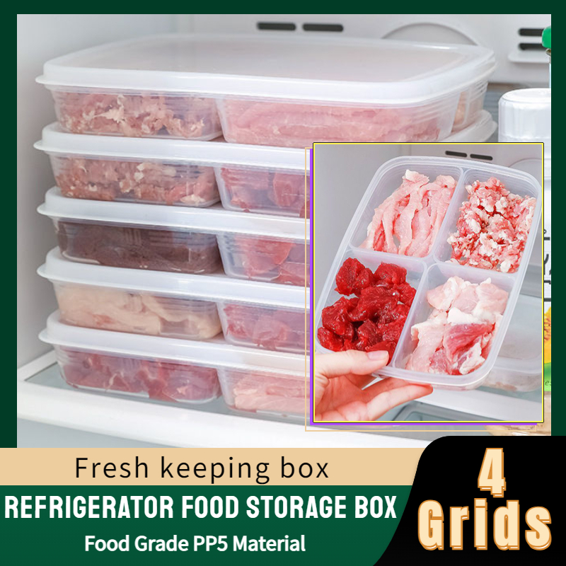 4Grid Plastic Compartment Fridge Airtight Seal Meat Fruits Storage Box ...