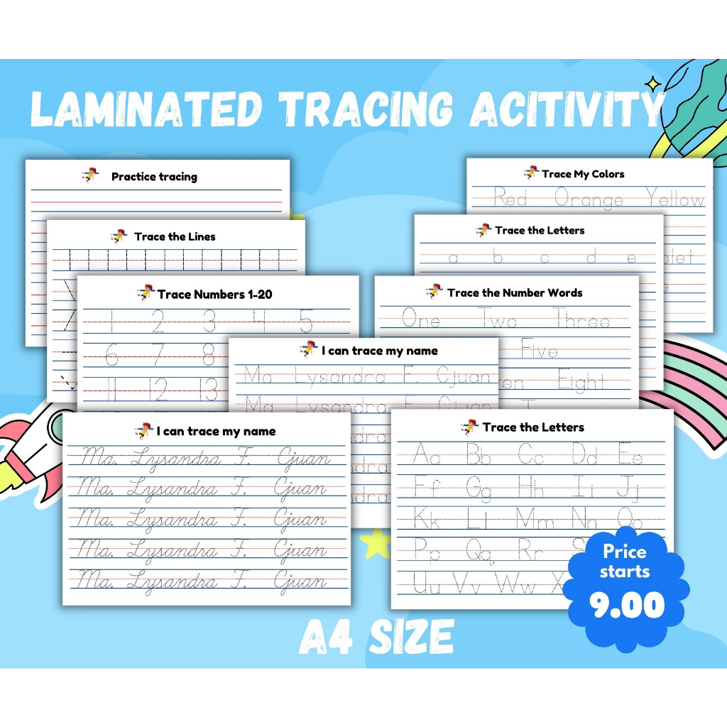 Laminated Tracing Name , Lines , Alphabet , and Numbers Erasable A4 ...