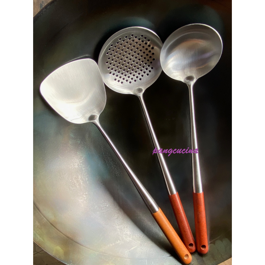 PANGCUCINA STAINLESS STEEL SPATULA/ WOK SPOON/SKIMMER, SOLID WOOD ...