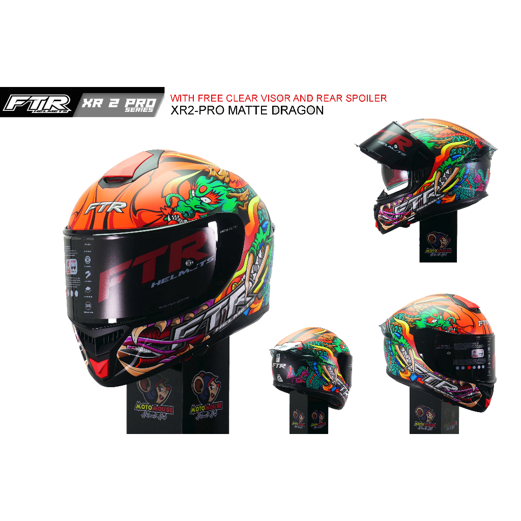 Helmet Full Face FTR XR2 Pro Printed Dragon Matte Orange Dual Visor ...