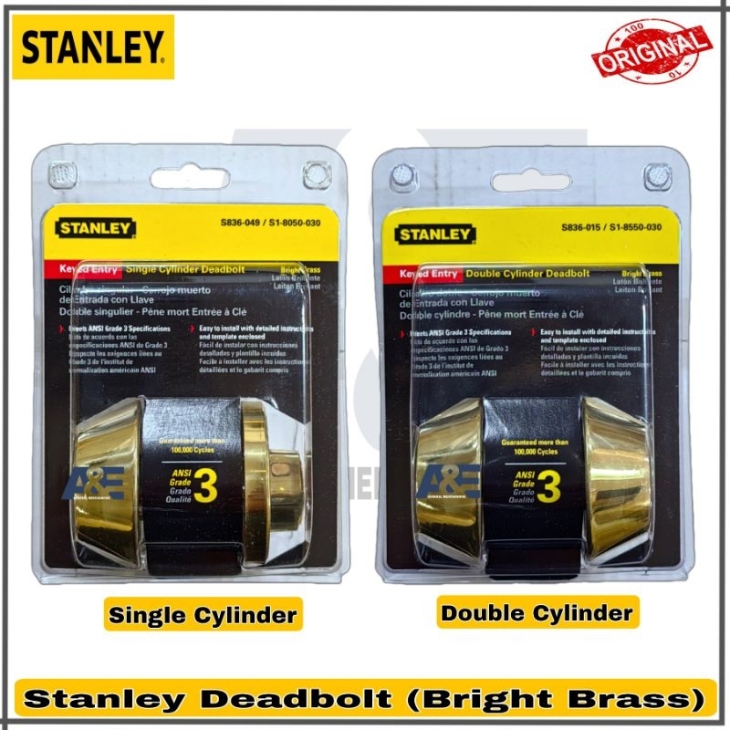 Stanley Single / Double Cylinder Deadbolt US3 Bright Brass | Shopee ...