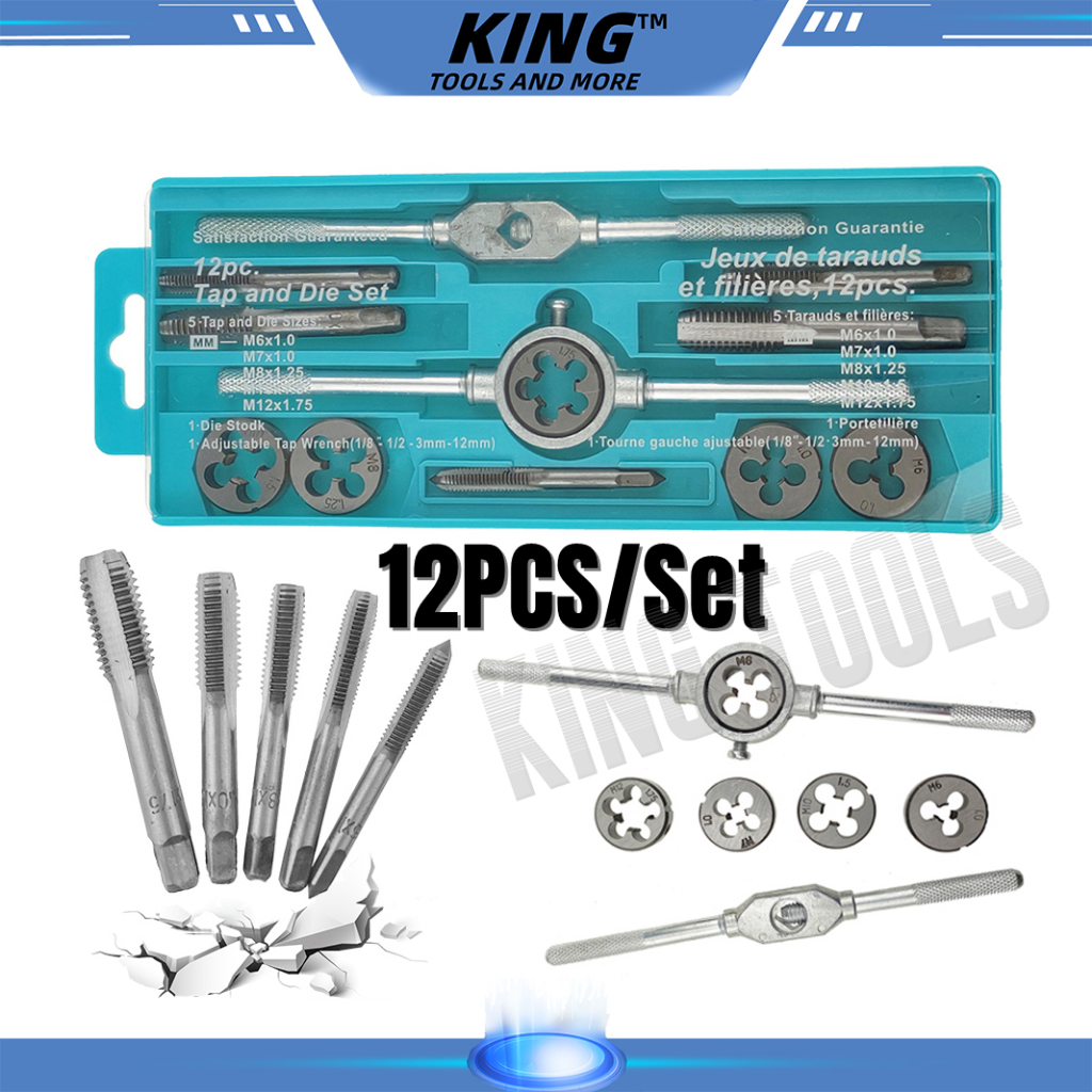 12PCS Threading Tap and Die Set Metric hand tap set threader tool Adjustable Tap Wrench threader ...