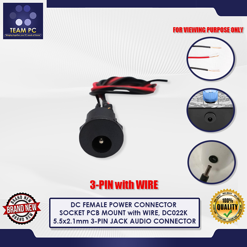 DC FEMALE POWER CONNECTOR SOCKET PCB MOUNT with WIRE, DC022K 5.5x2.1mm ...