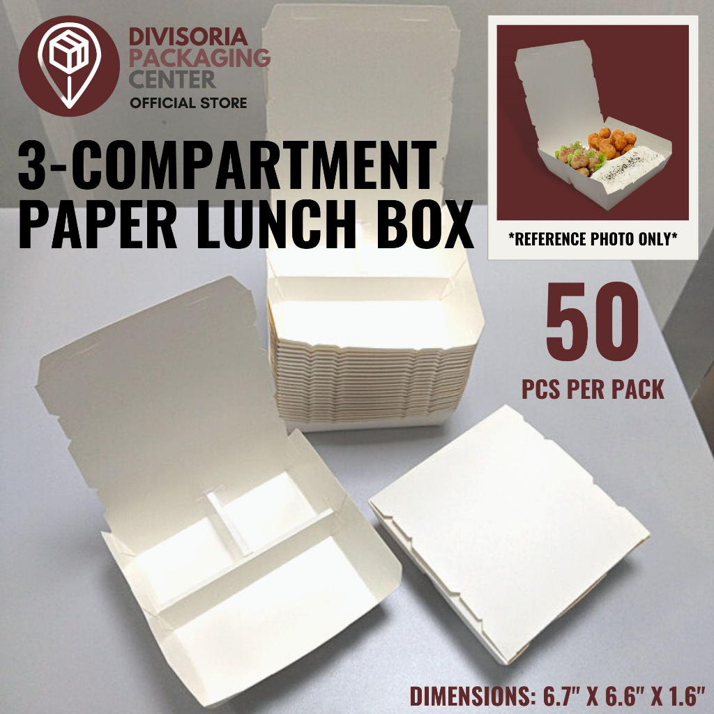 (50pcs) Paper Meal Box 3 Divisions Takeout Box 800cc White Eco-Friendly ...