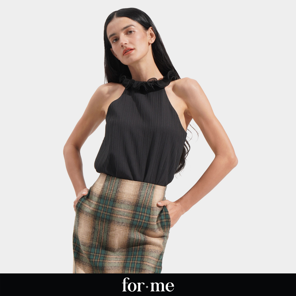 ForMe Textured Ruffled Halter Top for Women (Black) | Shopee Philippines