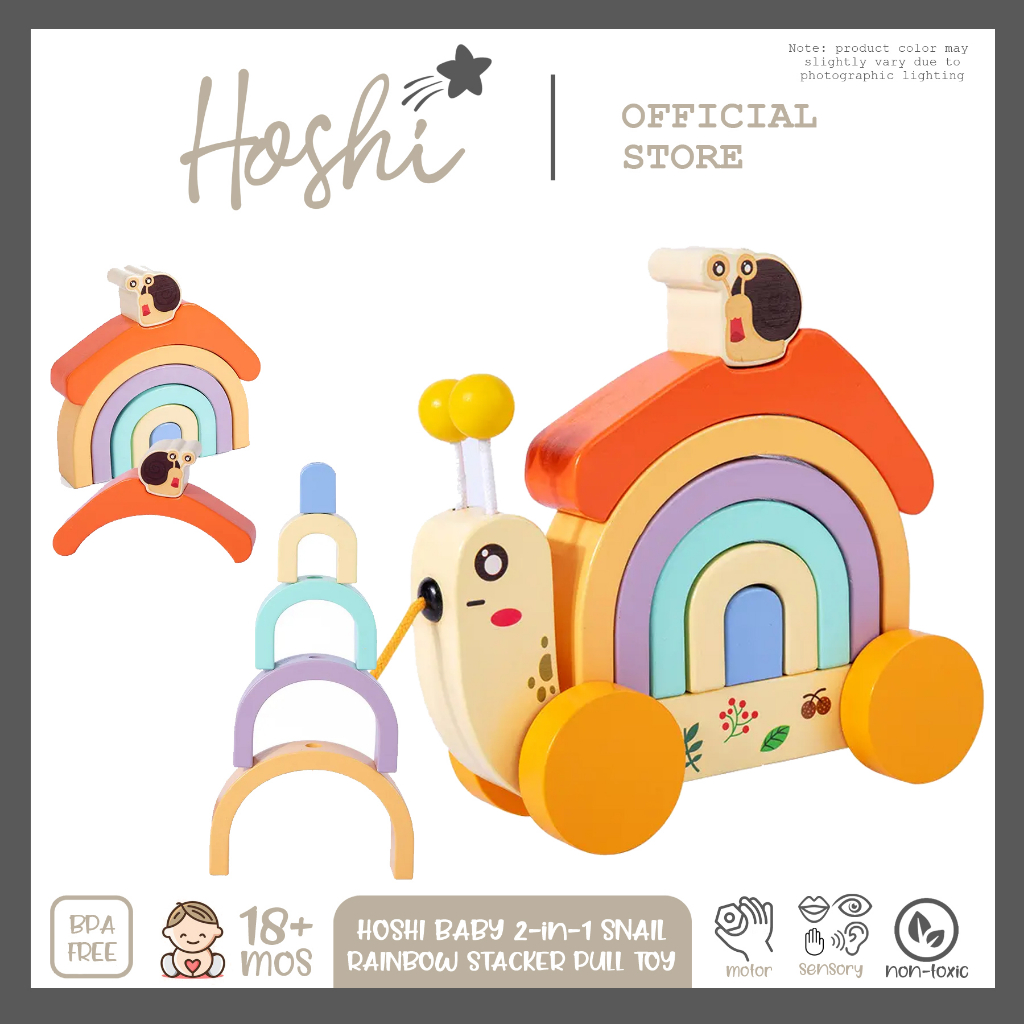 Hoshi Baby 2-in-1 Wooden Snail Rainbow Stacker Pull Toy, Montessori ...
