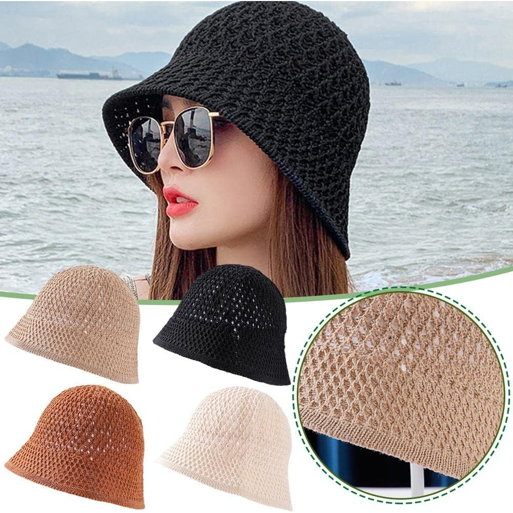 Knit Bucket Hat for Women Foldable Wide Brim Crochet Beach Sun Hat ...