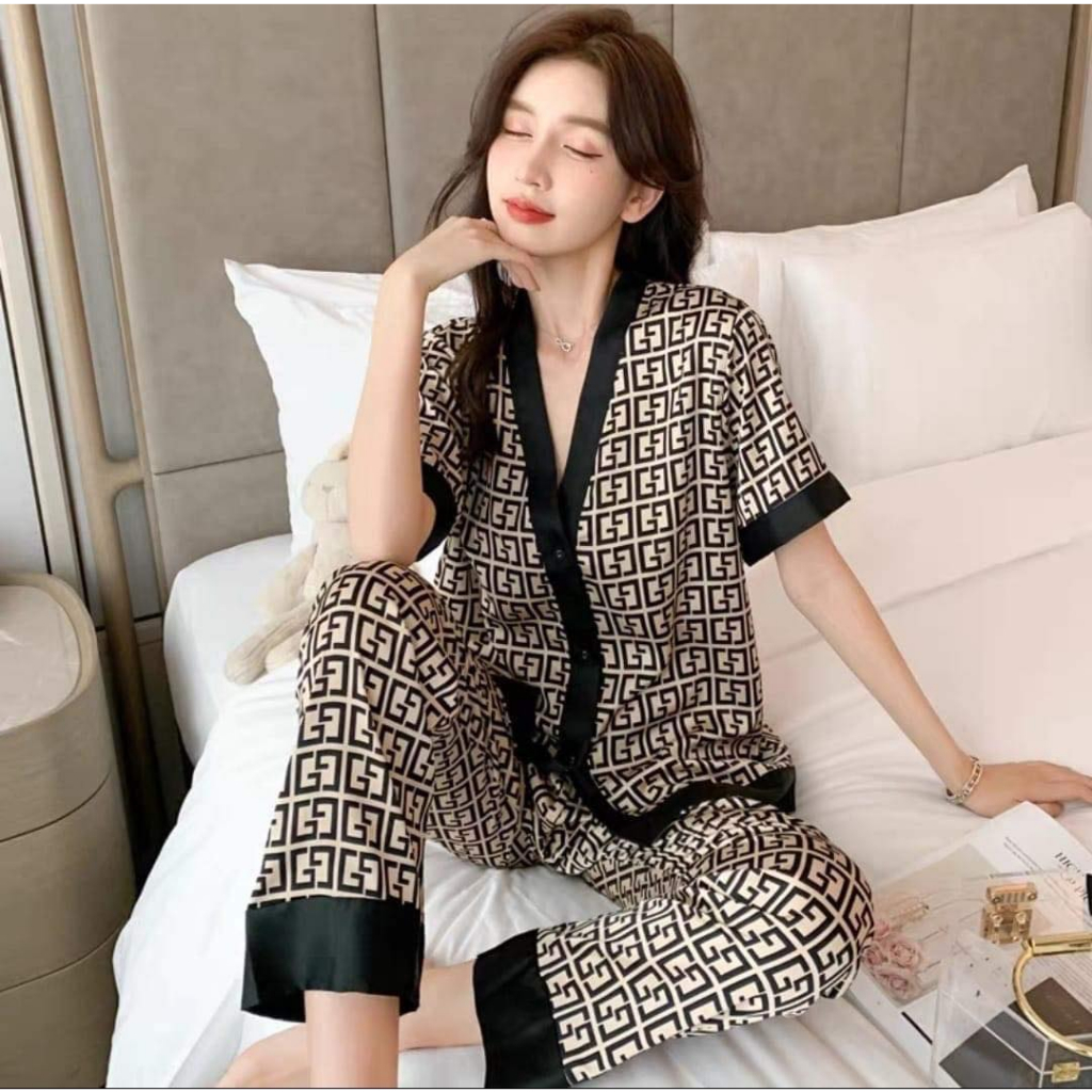 Women Satin Pajamas V Neck Design Patterned Silk Fabric Nightwear Set ...