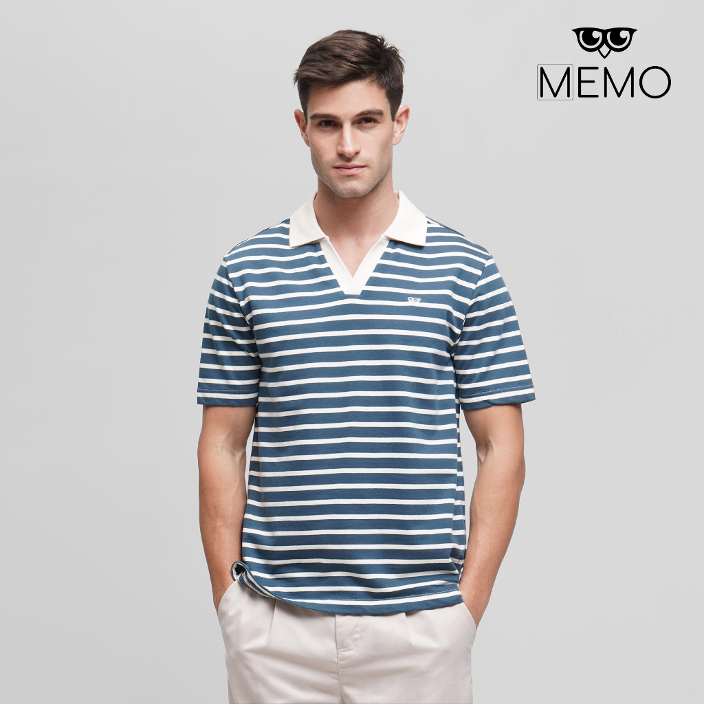 Memo Striped Open Collar Polo With Contrast Collar For Men (Blue ...