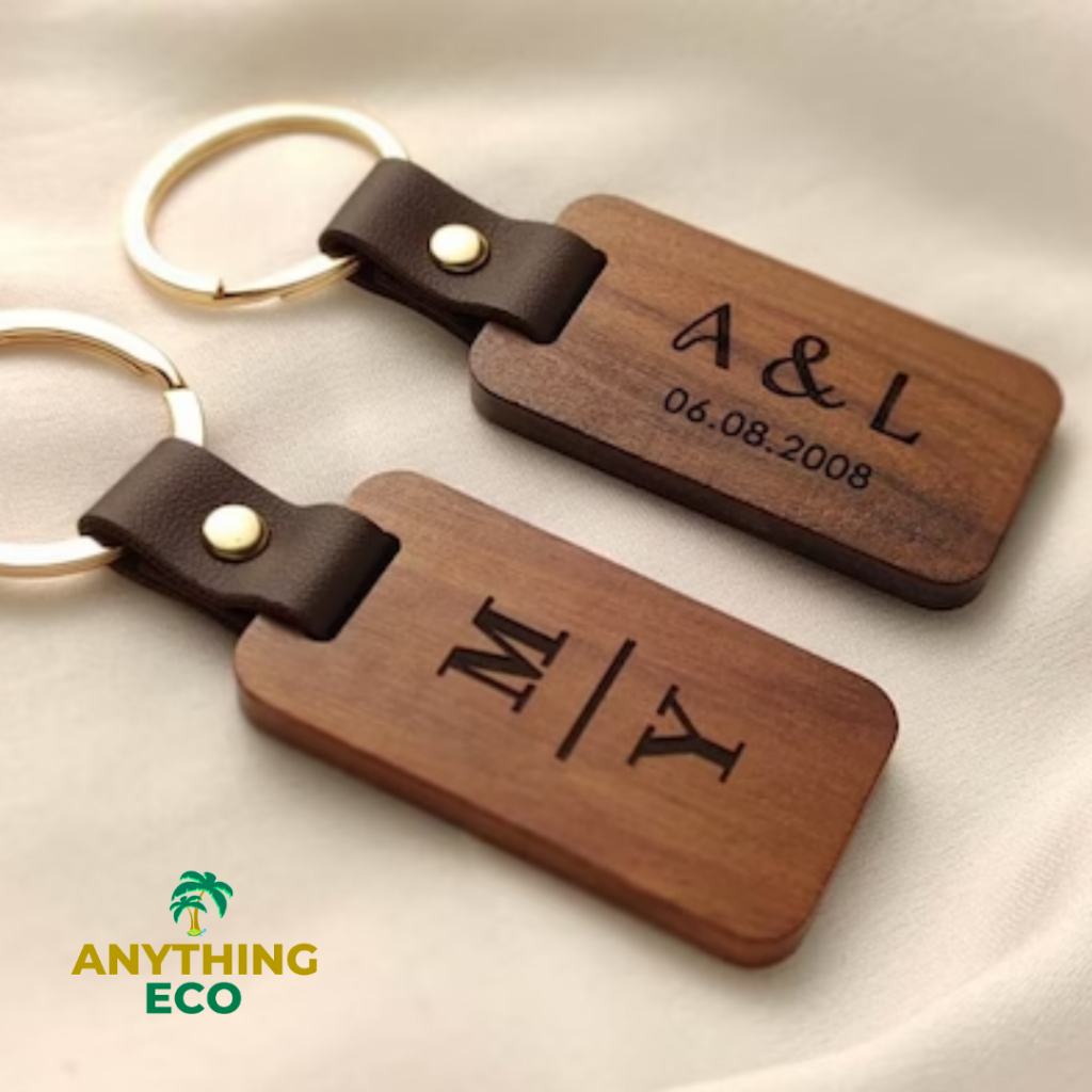 Personalized Wooden Key ring Keychain w/ Leather Strap (Laser Engraved ...
