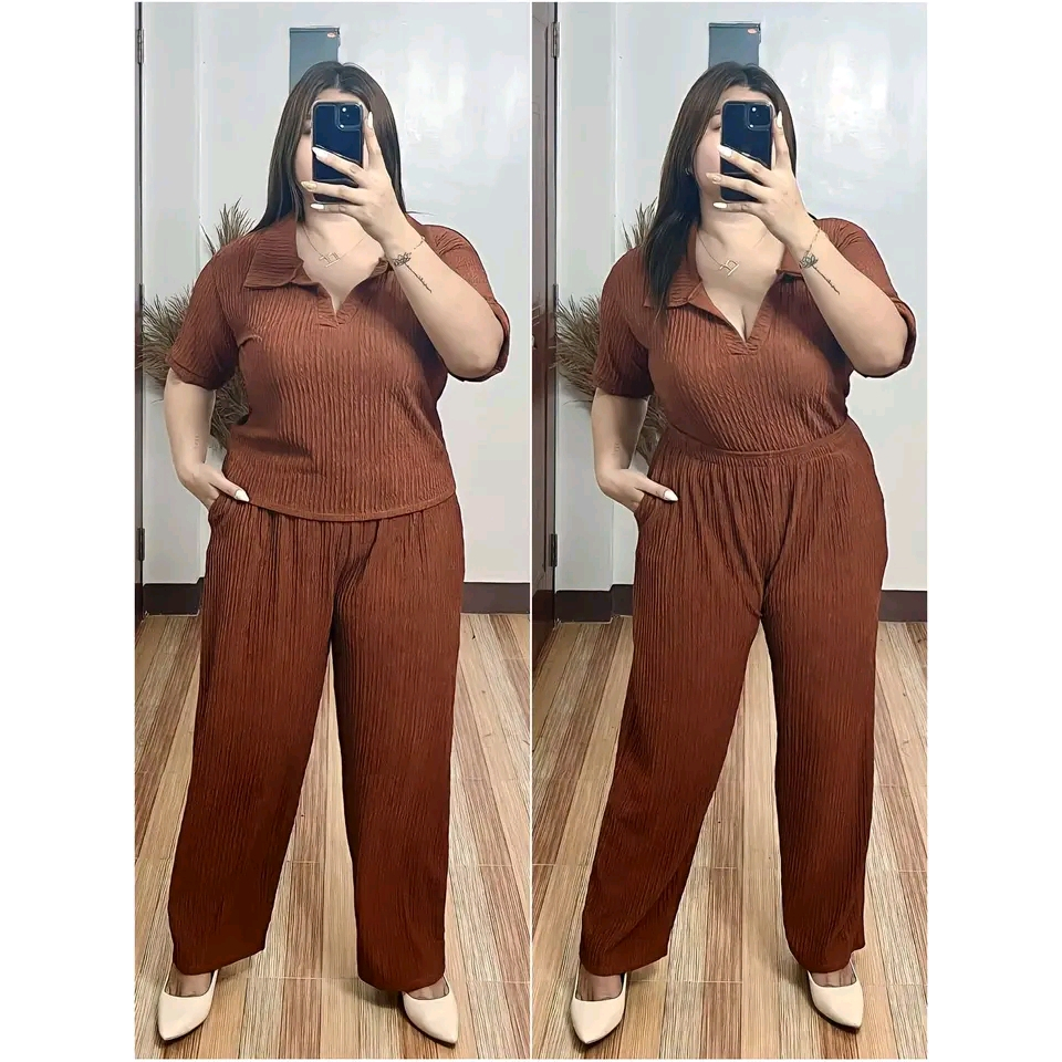 3XL Plus Size Plain Charmaine Vneck Collar Top Terno Highwaist Pants ...