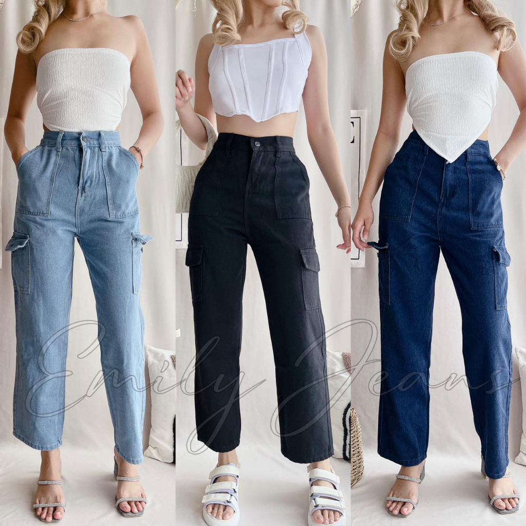 EMILY Casual 6 Pocket Low Waist Flap Cargo Maong Ladies Pants New Trend ...