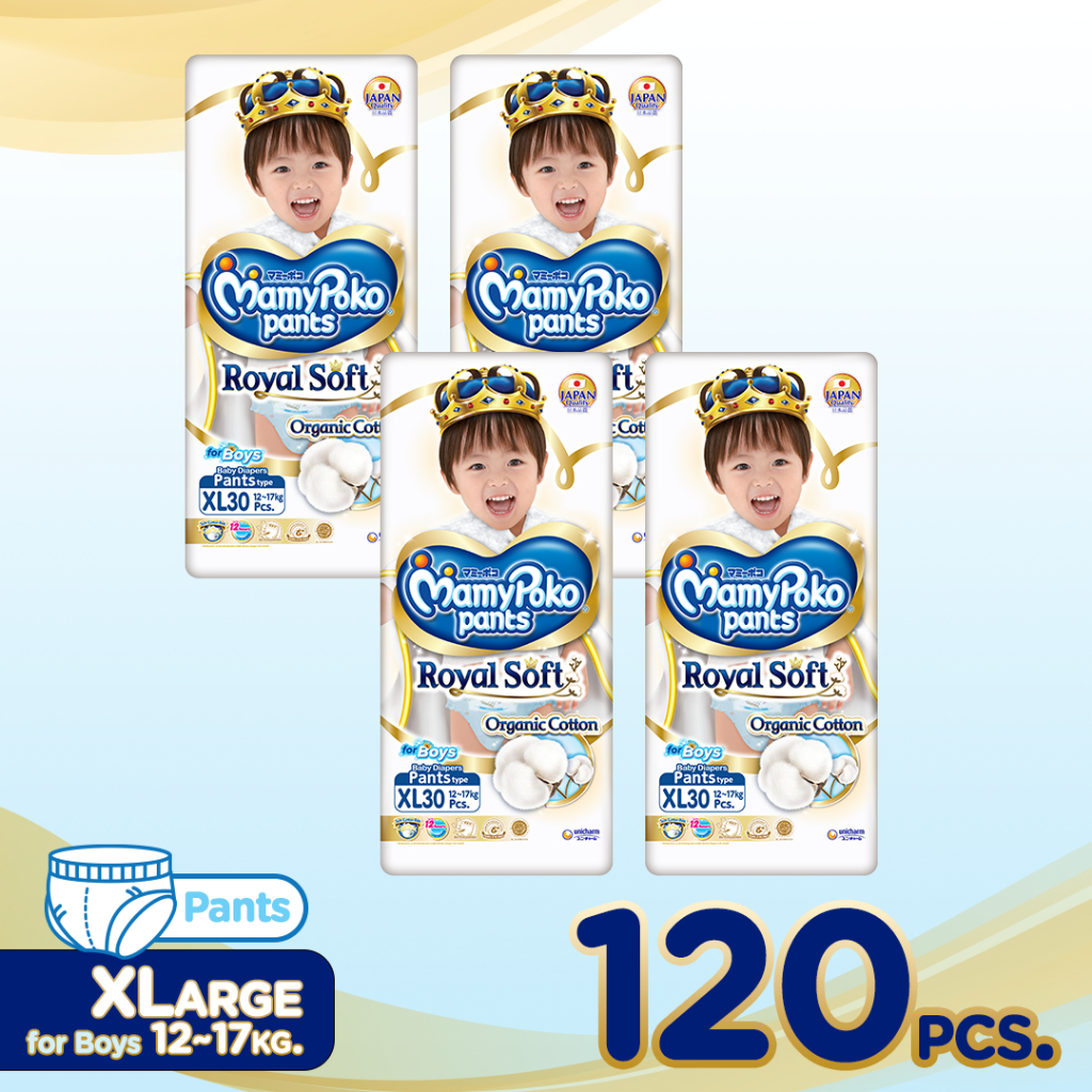 MAMYPOKO Royal Soft Organic Cotton Baby Disposable Diaper Pants Boy XL 30 pcs x 4 packs (120 pcs ...