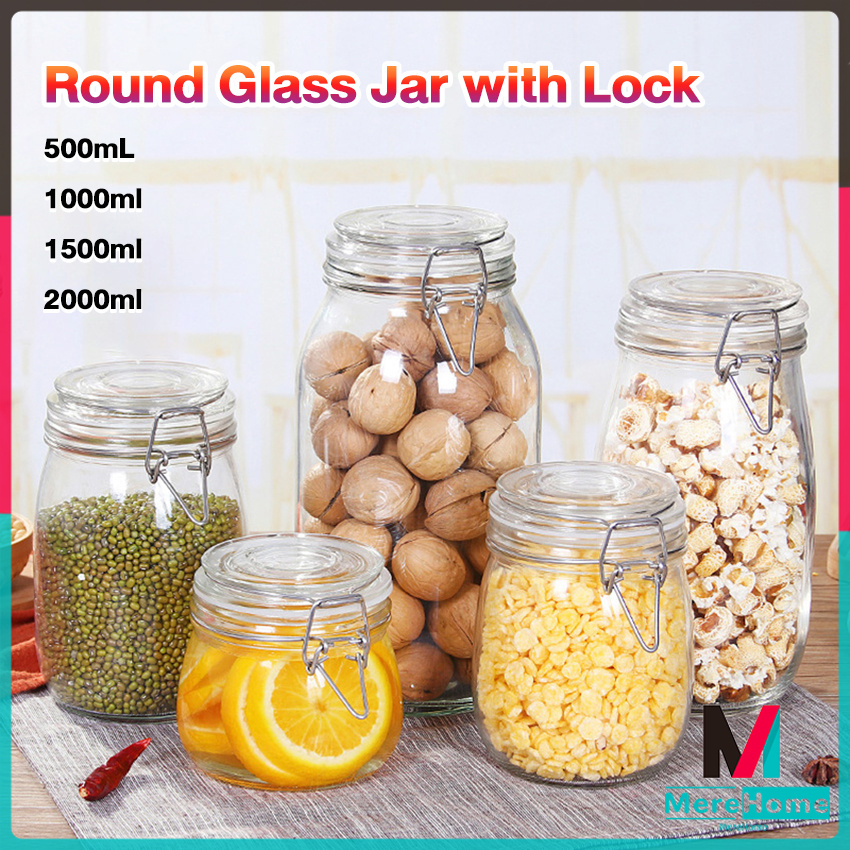 Round Glass Jar with Lock 500mL 1000ml 1500ml 2000ml Kitchen Utensils ...