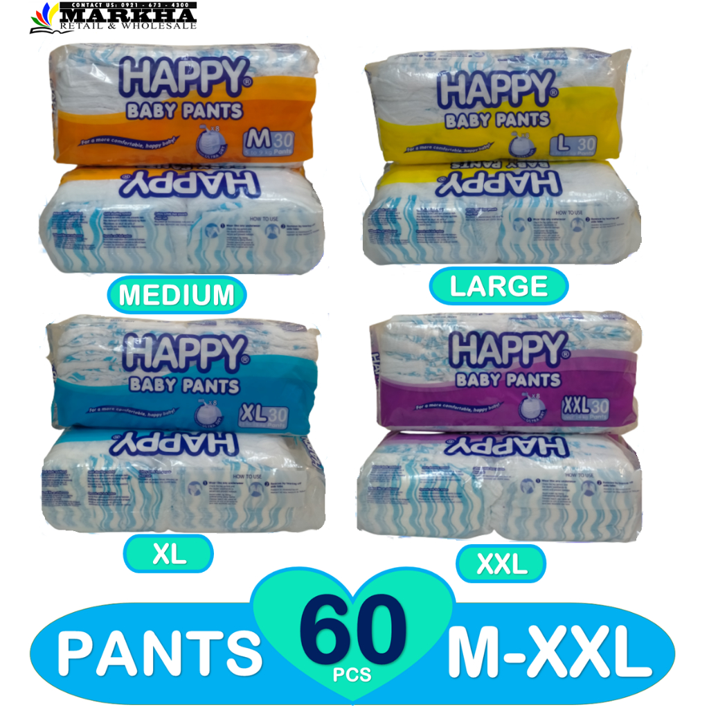 (2 PACKS OF 30PCS) HAPPY BABY PANTS DIAPER x 60pcs (MEDIUM - XXL) | Shopee Philippines