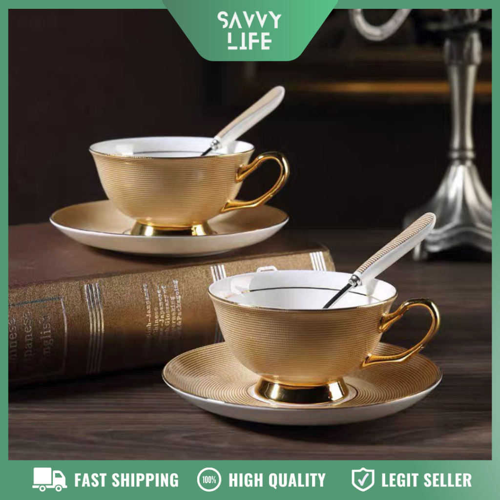 Luxury Bone China Gold Tea Cup Saucer Spoon Set 200ml | Shopee Philippines