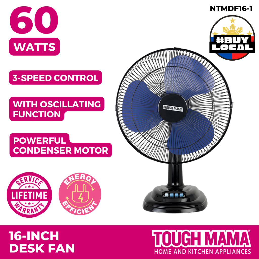 Tough Mama NTMDF16-1 Blue/Black Electric Desk Fan Oscillating Powerful ...